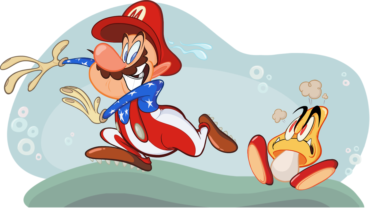 “american Mario Runs From A Yellow Goomba” - Cartoon Clipart - Large ...