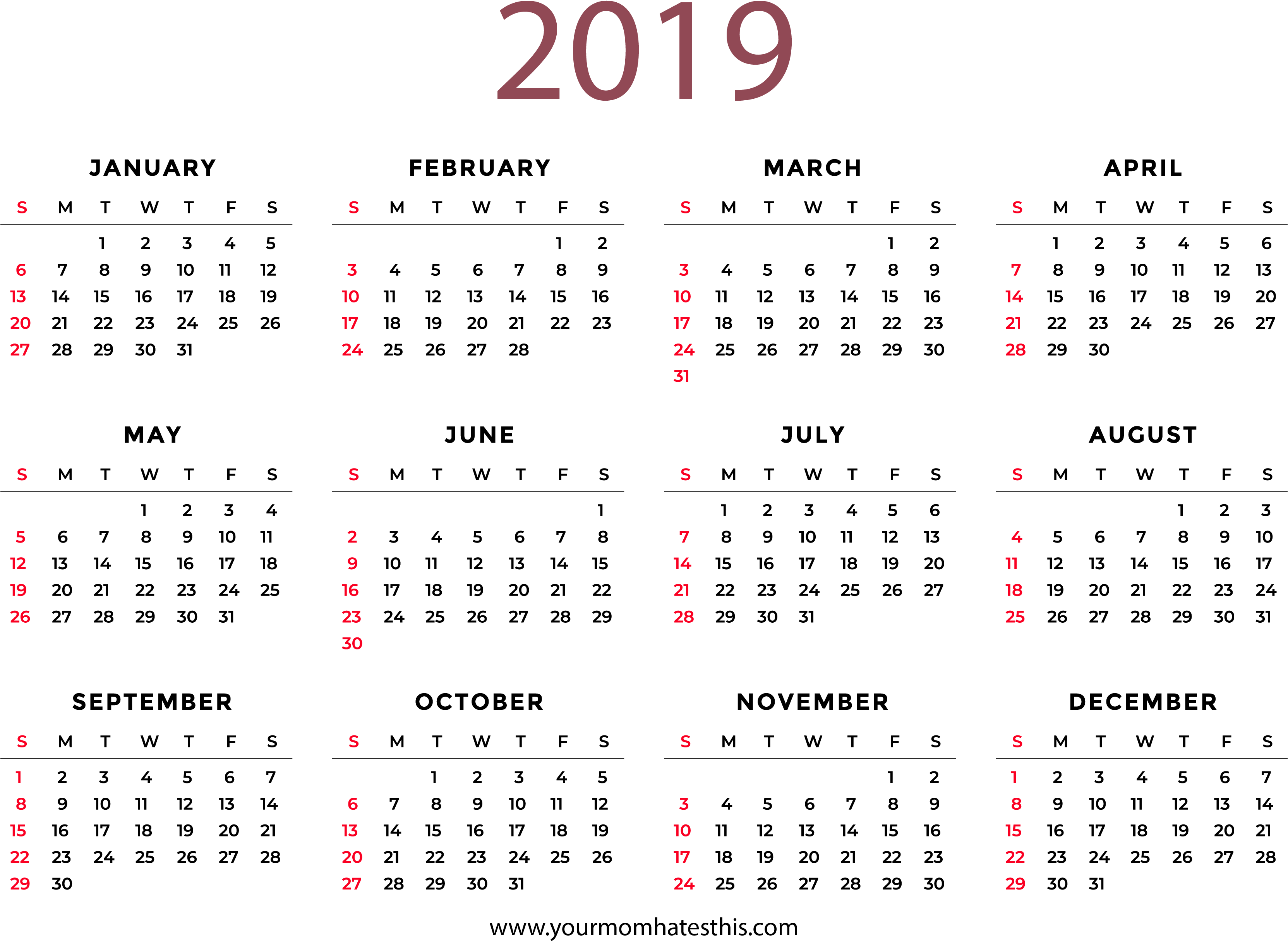Printable - Full Year 2019 Calendar Clipart - Large Size Png Image - PikPng