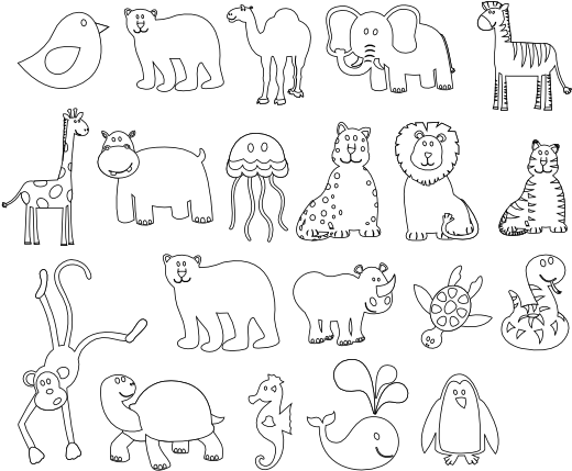 Colorful Animals Black White Line Art 555px - Clipart Line Of Animals ...